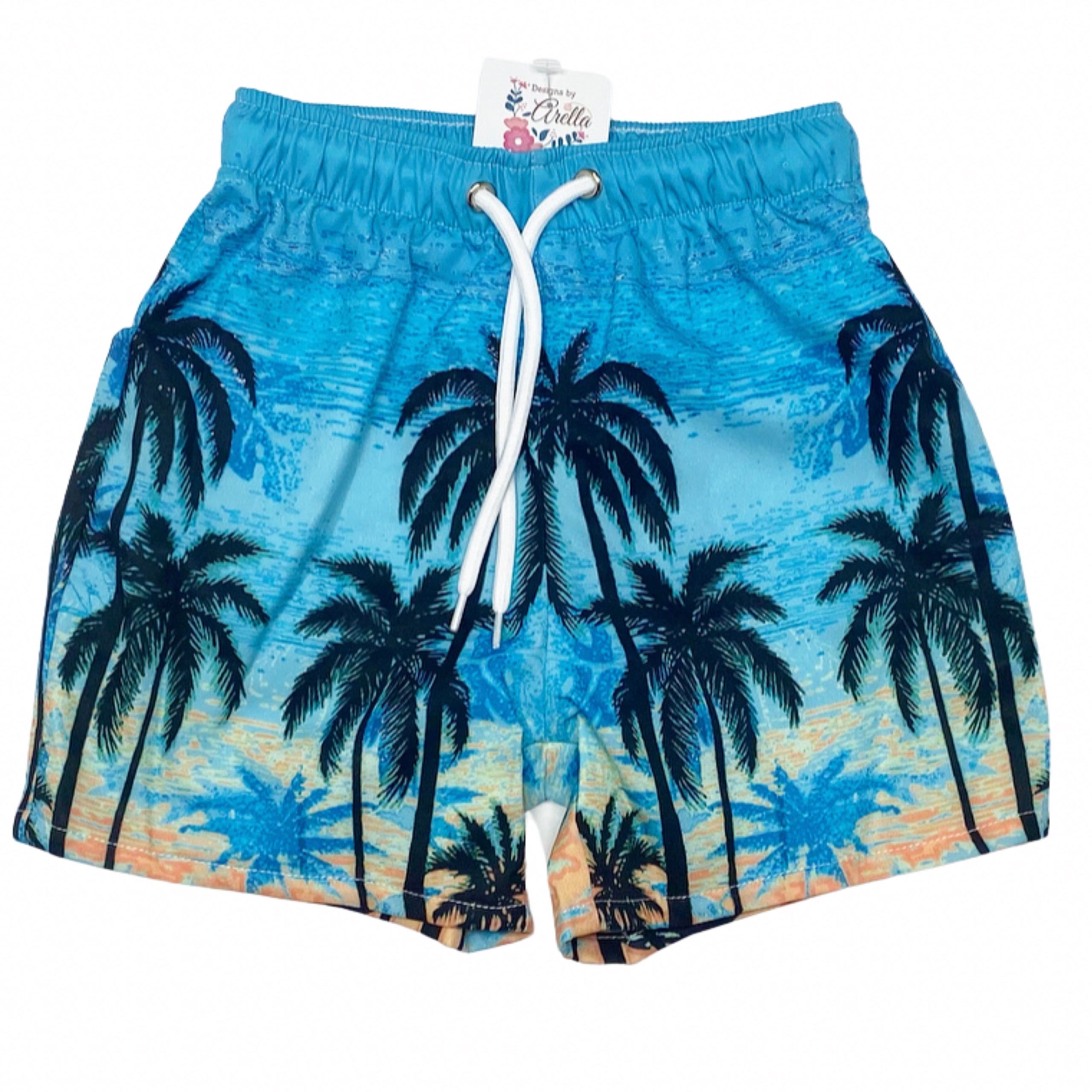 Sunset palm tree swim shorts | Designs by Arella