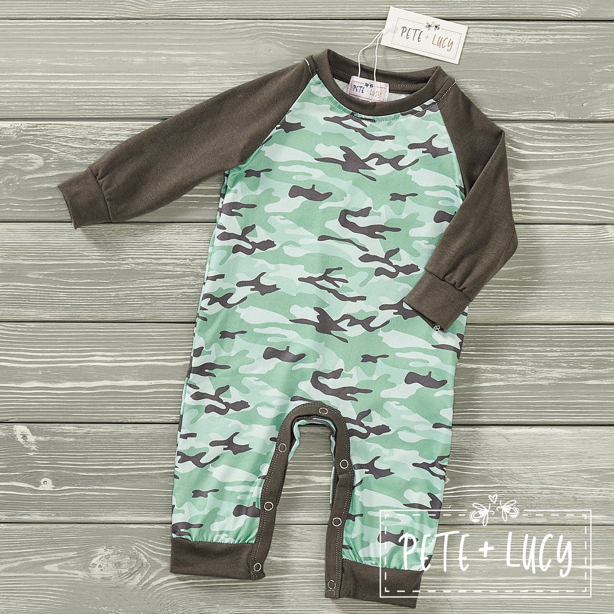 Pete + Lucy 'Grey Camo' boys romper | Designs by Arella