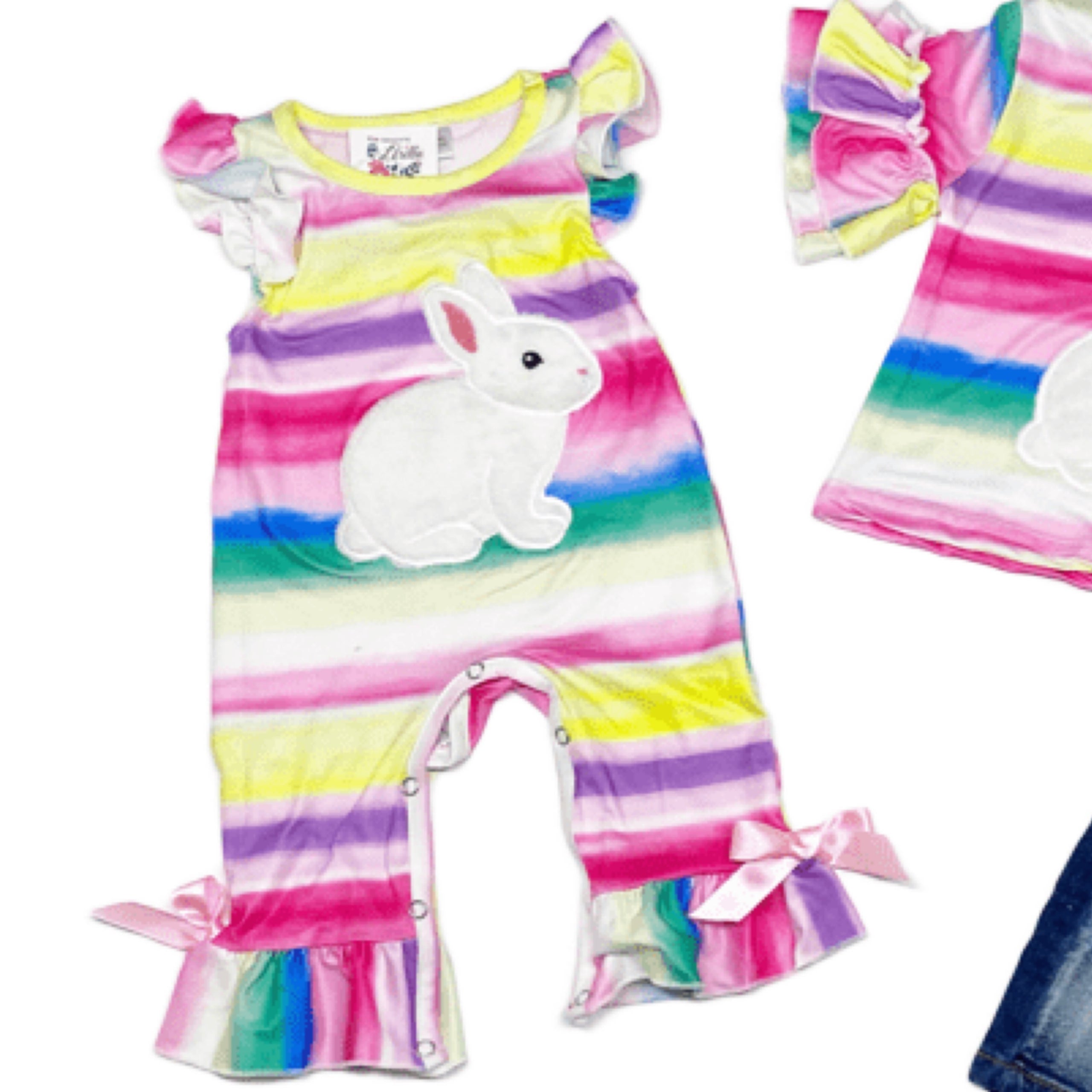 Pastel rainbow fuzzy bunny romper | Designs by Arella